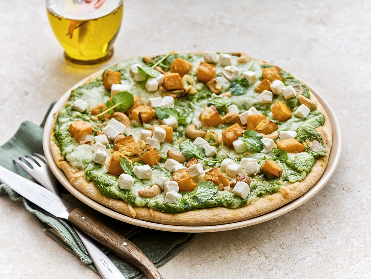 Pizza aux Cubes de Chèvres, à la crème de Cresson et Potimarron ...